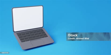 파란색 배경에 빈 흰색 화면이 있는 3d 노트북과 텍스트를 위한 여유 공간이 있습니다 노트북을 띄우거나 공중에 뜨십시오 힙스터 배경 개념을 위한 기술 가제트 3d
