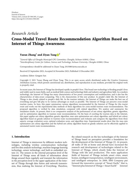 Pdf Cross Modal Travel Route Recommendation Algorithm Based On Internet Of Things Awareness