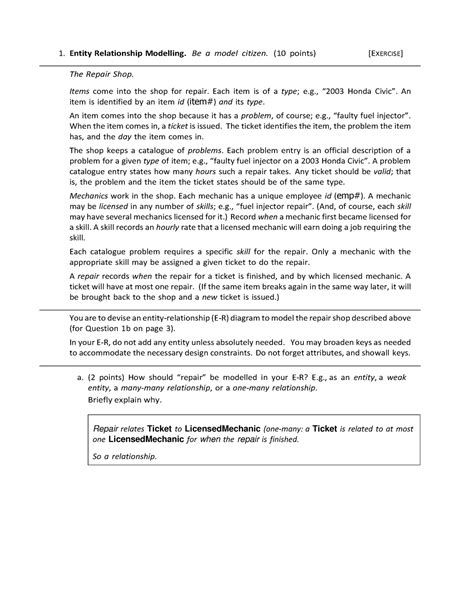 Entity Exercise Sample Answer Entity Relationship Modelling Be A Model Citizen 10 Points