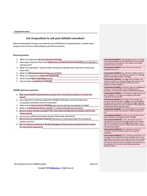 List Of Questions To Ask Your As9100 Consultant En Pdf Consultant Certification
