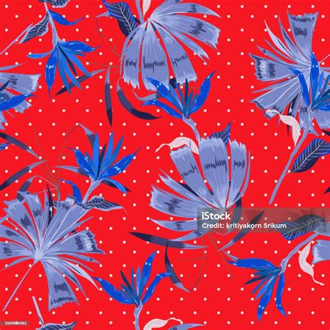 밝은 여름 열 대 꽃과 패션 섬유 및 모든 지문에 대 한 작은 폴라 점 패턴 원활한 벡터 이국적인 숲 배경 디자인에 나뭇잎 그리기에 대한 스톡 벡터 아트 및 기타 이미지
