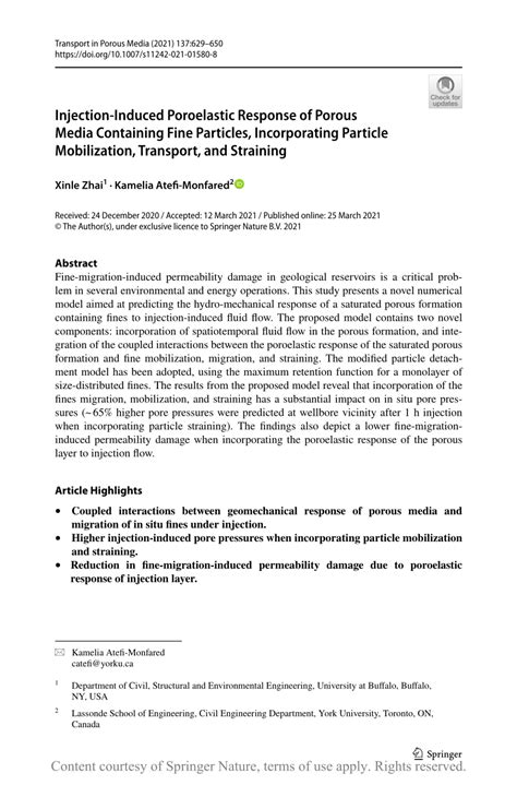 Injection Induced Poroelastic Response Of Porous Media Containing Fine Particles Incorporating