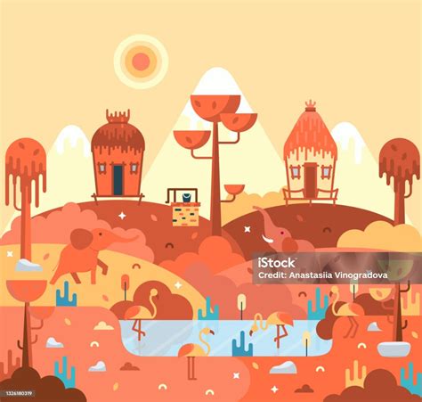 나무 오두막은 언덕 코끼리와 분홍색 플라밍고 아프리카 풍경 평면 만화 일러스트에 서 0명에 대한 스톡 벡터 아트 및 기타 이미지 0명 2차 도형 강 Istock