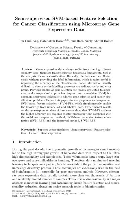 Pdf Semi Supervised Svm Based Feature Selection For Cancer Classification Using Microarray