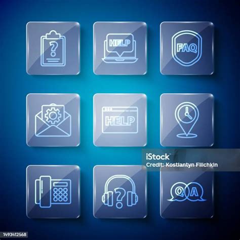 회선 전화 헤드폰 질문 및 답변 텍스트 Faq가 있는 방패 브라우저 도움말 봉투 설정 클립보드 물음표 및 위치 시계 아이콘을 설정합니다 벡터 Brand Name Online