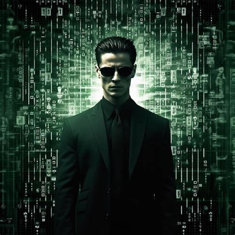 Premium Ai Image A Man In A Suit And Sunglasses Is Standing In Front Of A Computer Screen