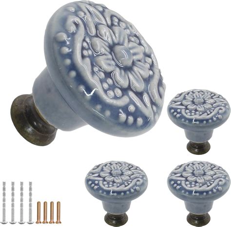 Murtenze 4pcs Greyish Blue Ceramic Knobs Vintage Handles Decorative