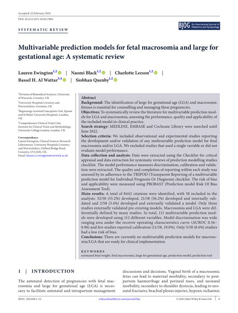 Multivariable Prediction Models For Fetal Macrosomia And Large For Gestational Age A Systematic
