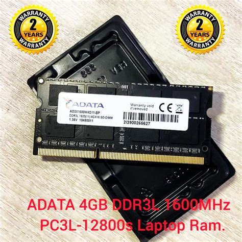 Adata Ddr3l 4gb 1600mhz Pc3l 12800s Cl11 204pin Sodimm Laptop Ram With 02 Year Replace