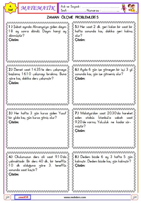 4 Sınıf Matematik Zaman Ölçme Problemleri Etkinliği 5 Meb Ders