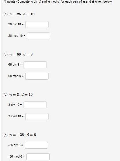 [answered] 4 points compute n div d and n mod d for each pair of n and
