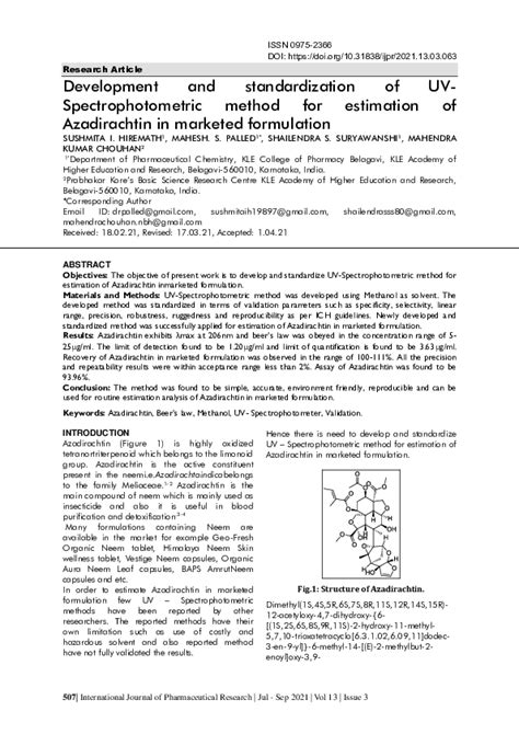 Pdf Development And Standardization Of Uv Spectrophotometric Method For Estimation Of