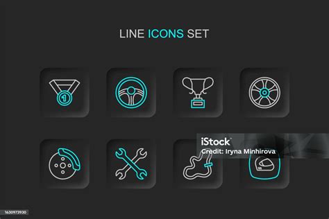 세트 라인 레이싱 헬멧 타이밍 벨트 키트 렌치 스패너 캘리퍼가 있는 자동차 브레이크 디스크 자동차용 알로이 휠 수상 컵 스티어링 및 메달 아이콘 벡터 교통수단에 대한 스톡