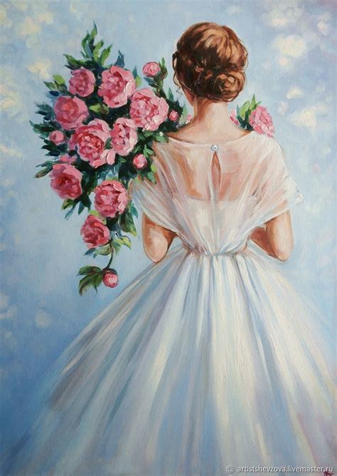 Девушка Весна Авторская нежная картина с пионами масло холст заказать на Ярмарке Мастеров