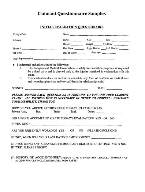 Fillable Online Claimant Questionnaire Samples Fax Email Print Pdffiller