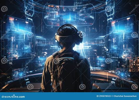 The User Wears A Vr Headset He Is Interacting With A Virtual Reality
