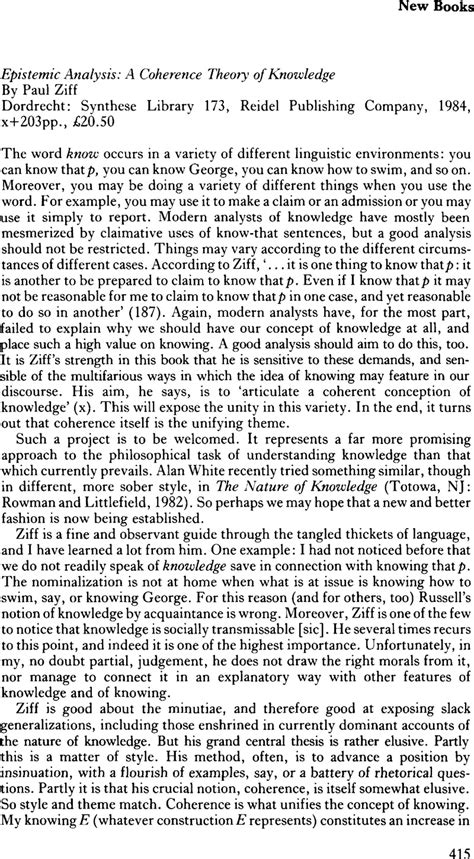Epistemic Analysis A Coherence Theory Of Knowledge By Paul Ziff