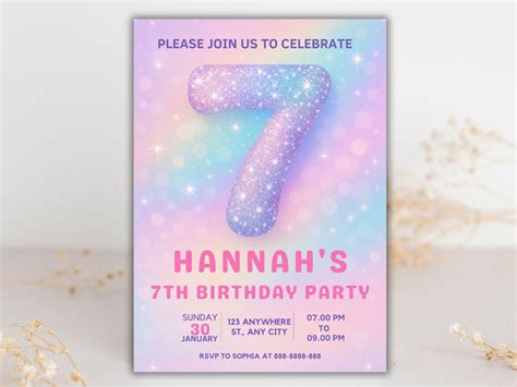 Editable 7th Birthday Party Invitation Template Glitter Seventh