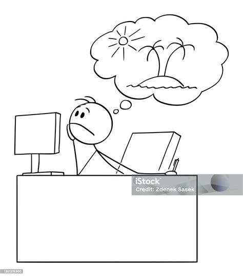 지루하거나 피곤 한 사업가 또는 사무실 노동자 생각 또는 휴가에 대 한 꿈 벡터 만화 스틱 그림 그림 그림 책상에 대한 스톡 벡터 아트 및 기타 이미지 Istock