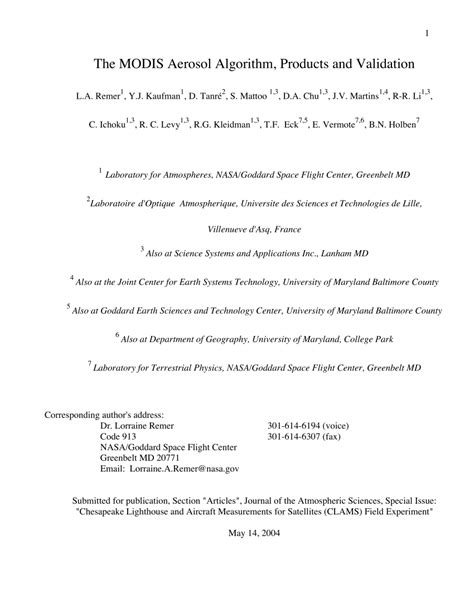 Pdf The Modis Aerosol Algorithm Products And Validation
