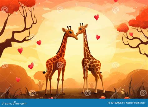 Two Cute Giraffes Are Happy Because They Are In Love With Each Other
