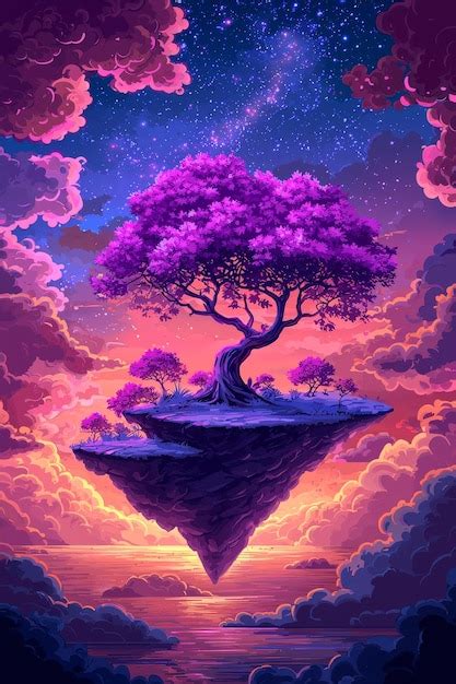 Floating Island with Pink Tree and Starry Sky | Premium AI-generated image