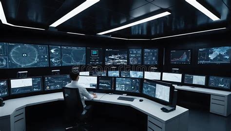 Man Monitoring Multiple Screens In A Modern Control Center Setting Stock Illustration