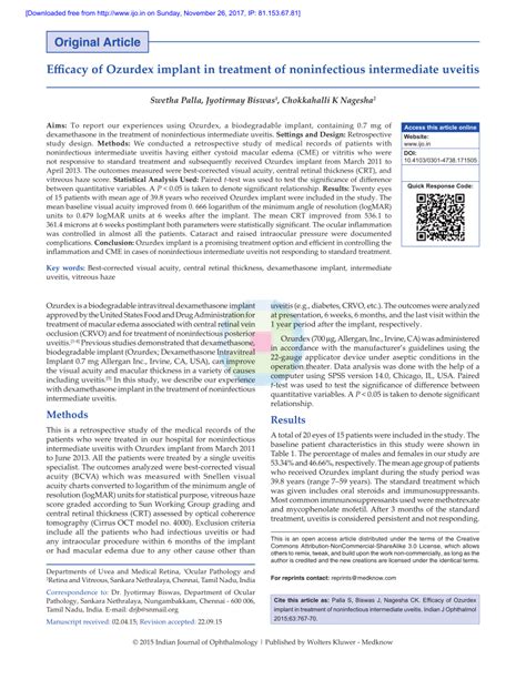 Pdf Efficacy Of Ozurdex Implant In Treatment Of Noninfectious Intermediate Uveitis