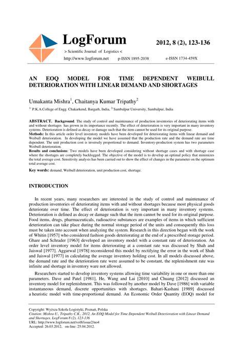 Pdf An Eoq Model For Time Dependent Weibull Deterioration With Linear Demand And Shortages