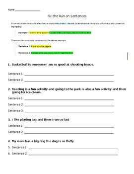 Fix The Run On Sentences Worksheet By BabeHeartsbabeMinds TPT