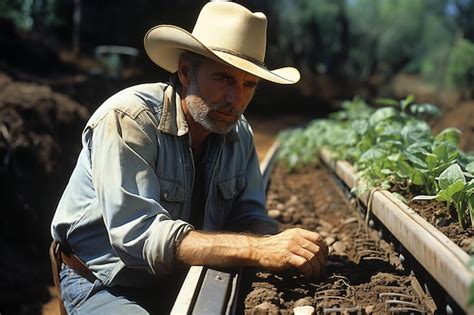 Premium Ai Image Man Installing Drip Irrigation System In Large Vegetable Garden