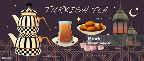 더블 찻주전자 차 유리 터키 기쁨 날짜 아랍 동양 장식 초승달 및 별 배경 벡터 일러스트 레이 션에 등불 터키 전통 스타일의 터키 티 파티 포스터 0명에 대한 스톡 벡터