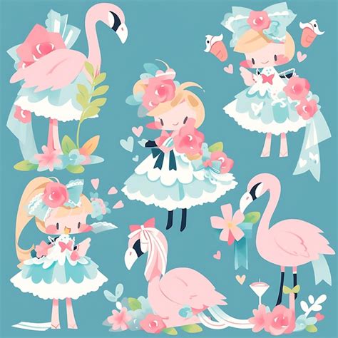 Colorful Female Flamingo Chibi Kawaii Caribbean Fashion Concept Tropi Cute Character Collection
