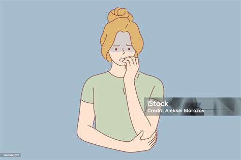 감정 얼굴 표정 문제 정신적 스트레스 걱정 우울증 불안 개념 손톱 물어뜯기에 대한 스톡 벡터 아트 및 기타 이미지 손톱