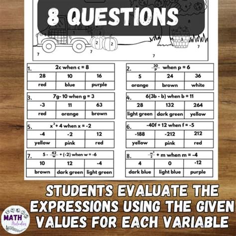 Fall Evaluating Algebraic Expressions Color By Number Worksheet By Mathmelodies