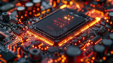 A Closeup Of A Glowing Circuit Board With A Vibrant Processor Chip Illuminated By Orange Lights