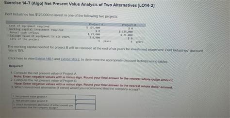 solved exercise 14 7 algo net present value analysis of