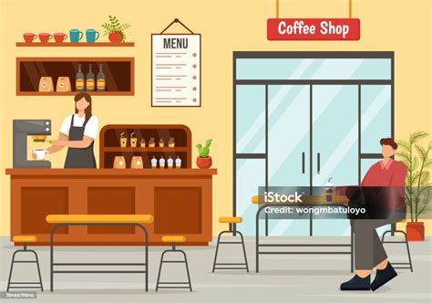 커피 숍 벡터 일러스트 인테리어 및 가구 포스터 또는 광고에 적합 평면 만화 배경 디자인 가구에 대한 스톡 벡터 아트 및 기타 이미지 가구 건축물 광고 Istock