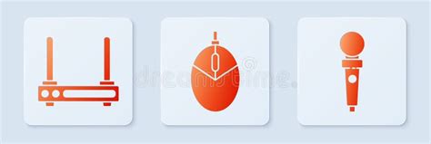 Set Computer Mouse Gaming Router And Wi Fi Signal And Joystick For Arcade Machine White Square