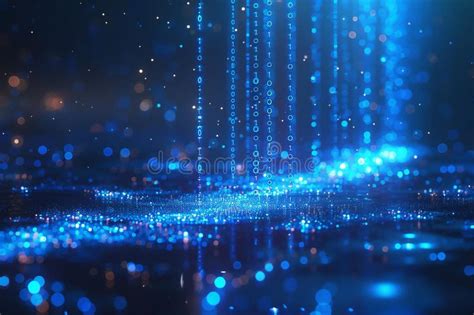 Blue Binary Code Falling Down On A Dark Background Depicting