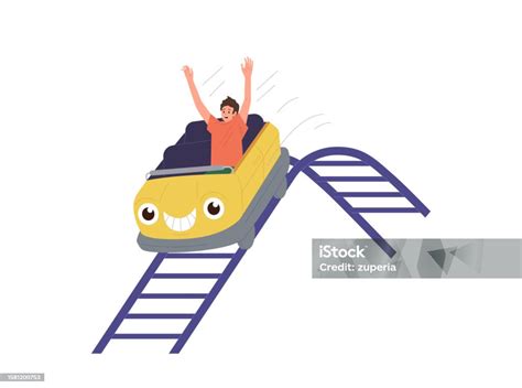 놀이공원에서 즐거운 시간을 보내는 레일을 따라 롤러코스터를 타는 행복한 흥분된 십대 소년 공원에 대한 스톡 벡터 아트 및 기타 이미지 공원 남자 놀이 Istock