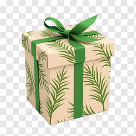 잎이 많은 패턴과 깔끔한 녹색 활로 장식 된 아름답게 포장 된 선물 상자 아름답게 포장된 선물 상자 잎이 많은 패턴과 깔끔한 녹색 활로 장식 절하다 Png 일러스트 및