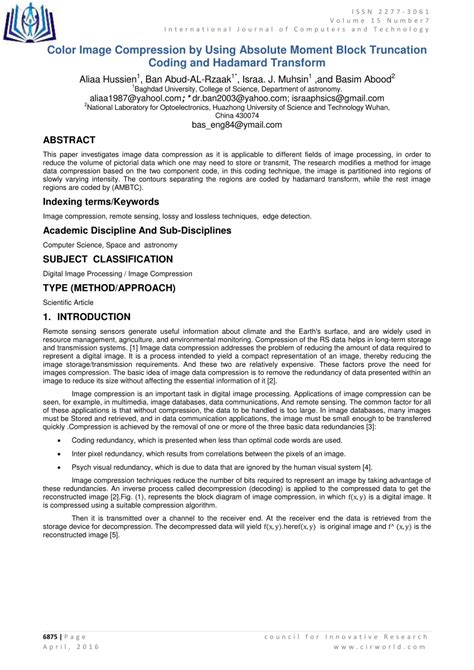 PDF Color Image Compression By Using Absolute Moment Block Truncation Coding And Hadamard