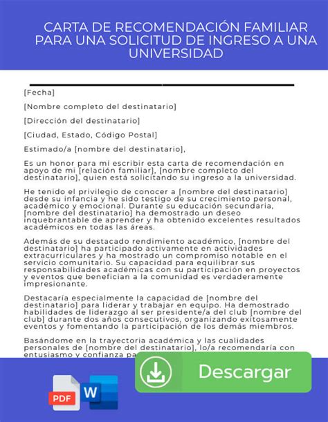 Carta de Recomendación Familiar Descargar Ejemplos