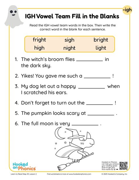 Igh Vowel Team Fill In The Blanks Halloween Hooked On Phonics