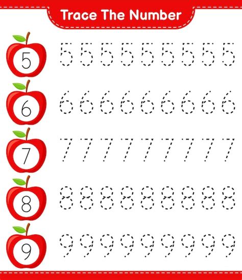 번호를 추적하십시오 Apple로 추적 번호 교육용 어린이 게임 인쇄 가능한 워크 시트 프리미엄 벡터