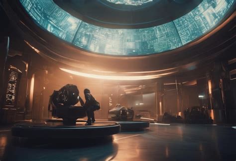 Hightech Command Center Featuring An Engineer Inspecting A Robotic Arm