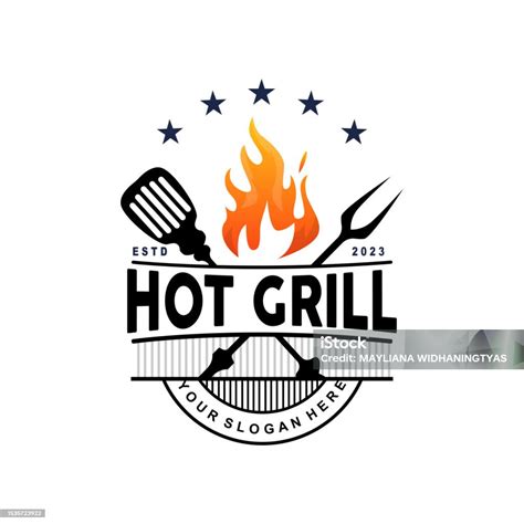 바베큐 로고 불과 주걱이 있는 핫 그릴 디자인 벡터 바베큐 그릴 빈티지 삼부작 카페 레스토랑 바를 위한 레트로 소박한 로고 고기에 대한 스톡 벡터 아트 및 기타 이미지