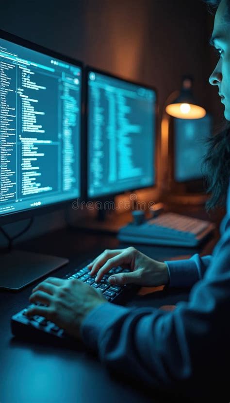 person coding at illuminated workplace programmer works on project at