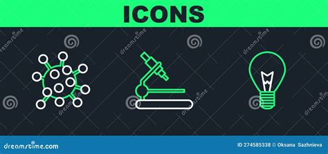 Set Line Light Bulb With Concept Of Idea Bacteria And Microscope Icon Vector Stock Vector